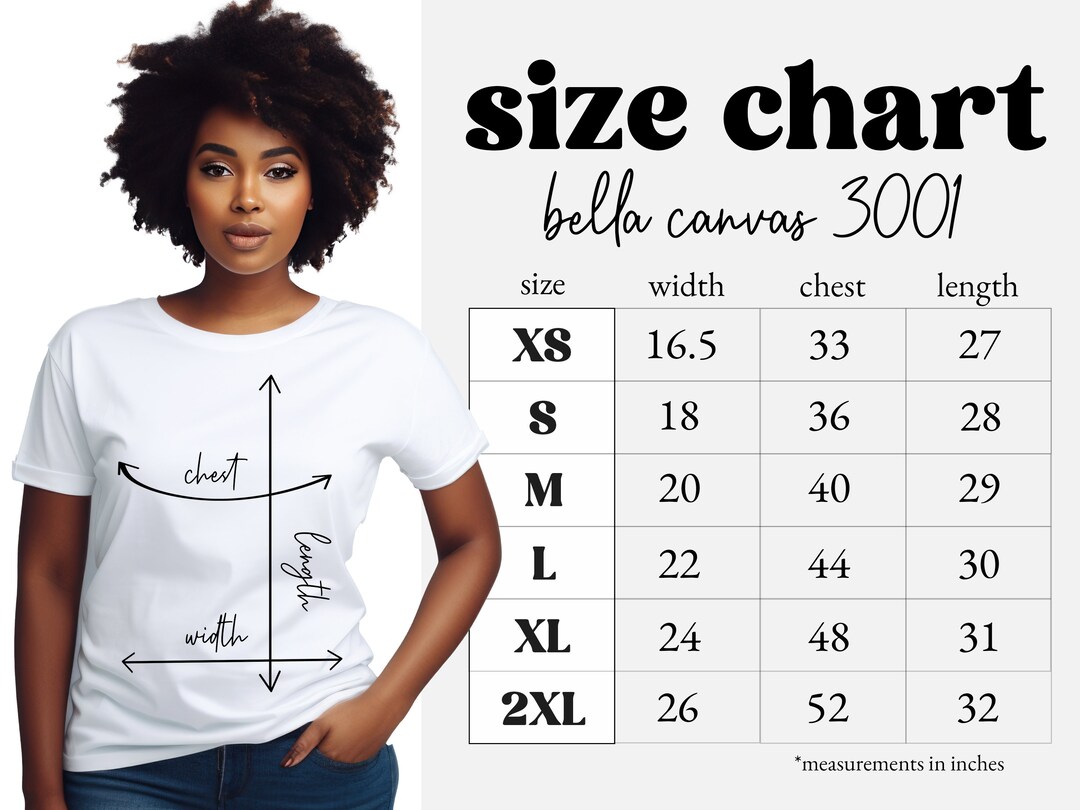 Bella Canvas 3001 Size Chart | Four T-shirt Size Chart Mockups XS-5XL ...