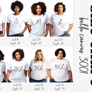 Bella Canvas 3001 Size Charts | Five T-shirt Size Mockups XS-5XL ...