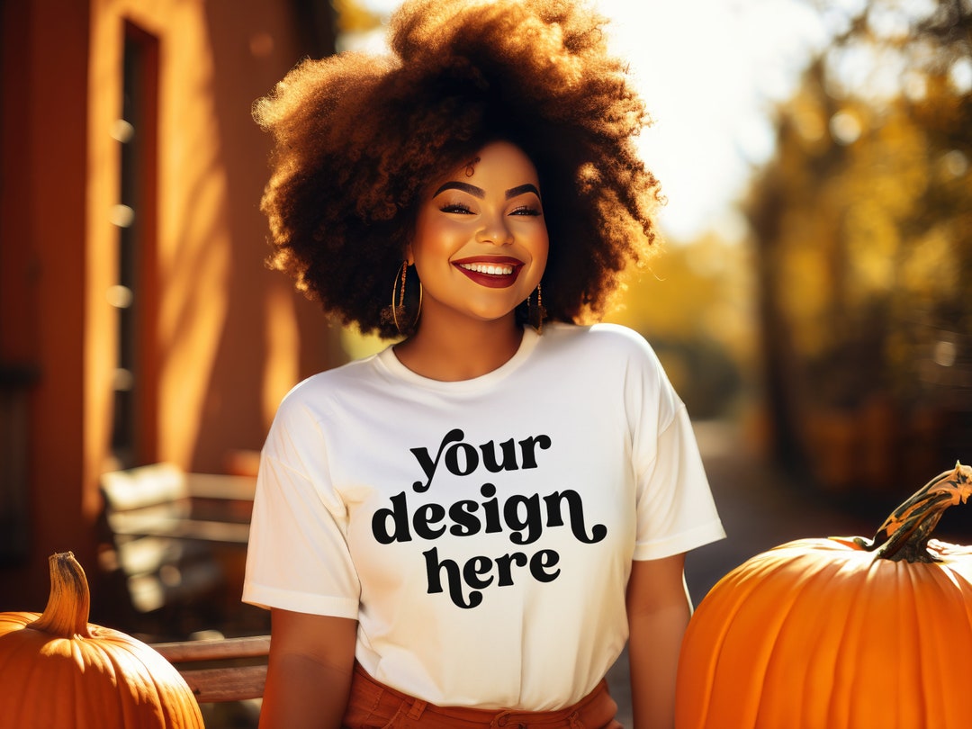 Autumn Bella Canvas 3001 T-shirt Mockup Black Model Fall Pumpkin Picnic ...