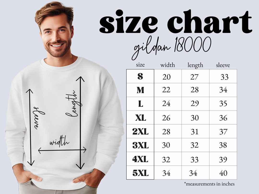 Gildan 18000 Size Chart Mockup | Gildan Crewneck Sweatshirt Size Chart ...