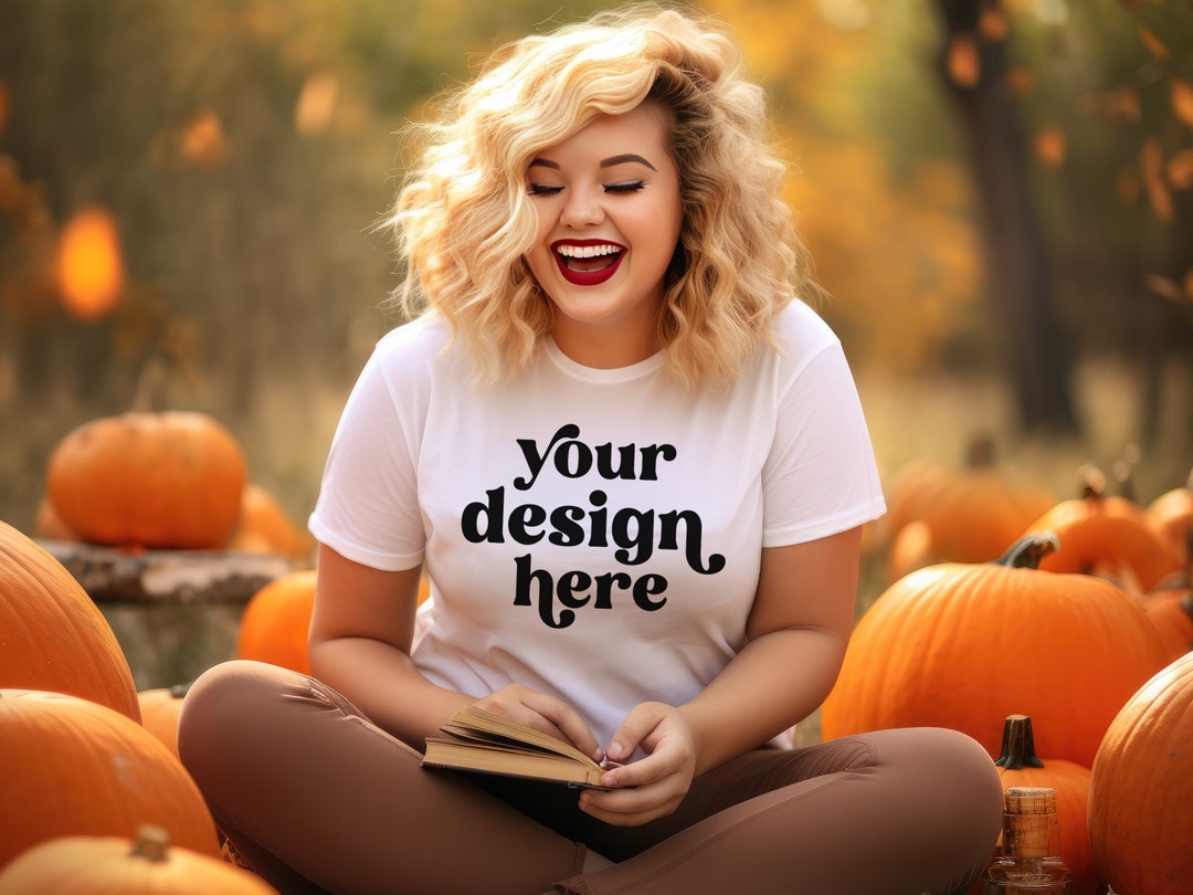 Autumn Bella Canvas 3001 T-shirt Mockup Blonde Model Fall Pumpkin ...