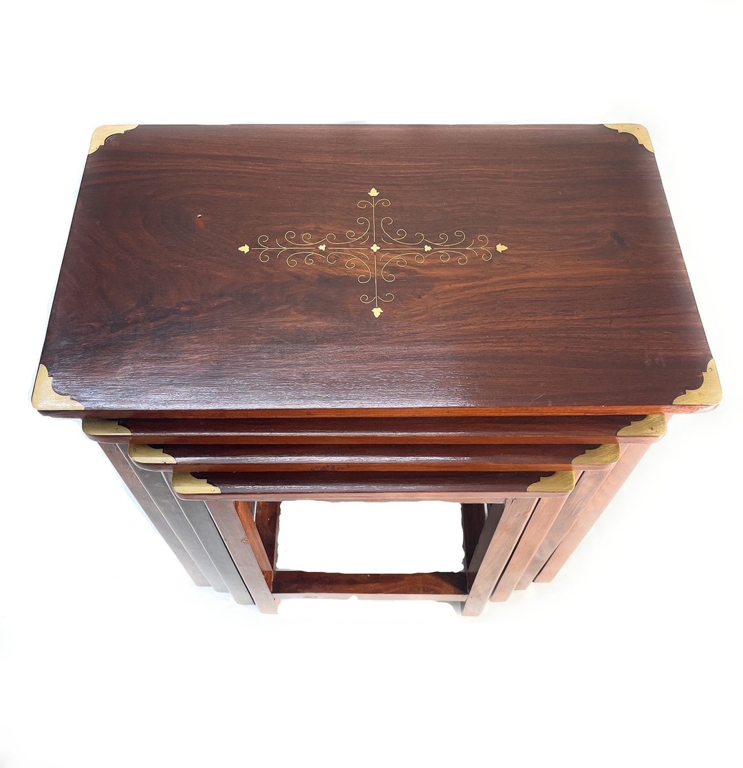 Wooden Tea Table Set Handmade Coffee Desert Night Stand Polished Golden Accents for Room Office Nature Brown Home Decor Furniture Etsy