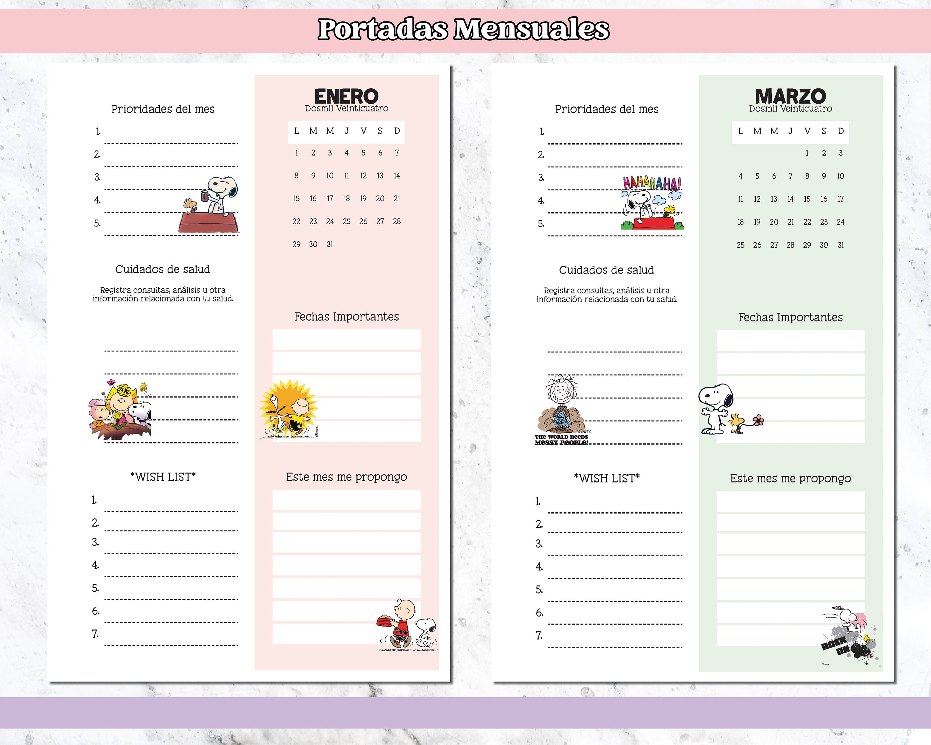 Agenda Imprimible Semanal Peanuts, Snoopy 2024 Media Carta - Etsy España