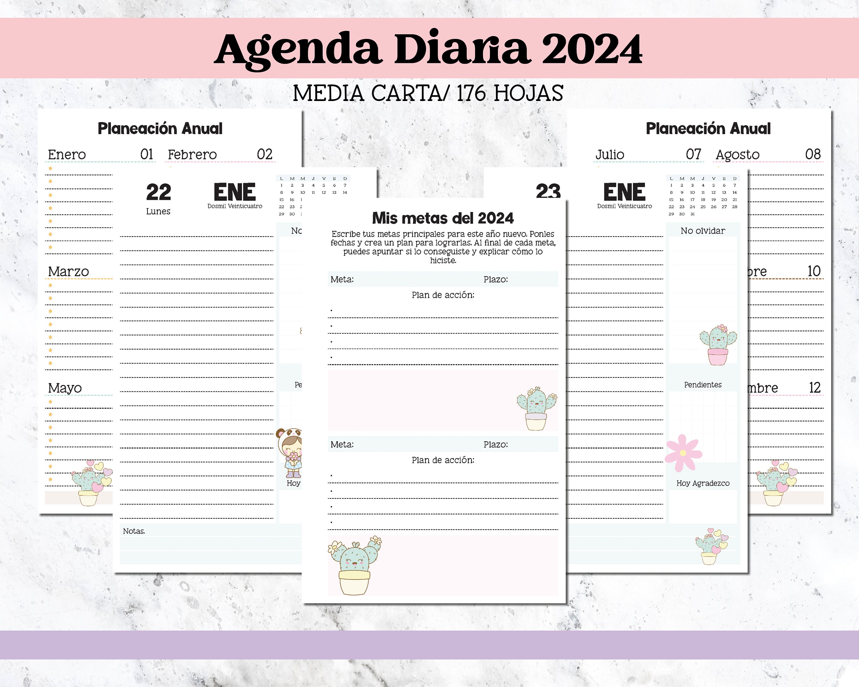 Printable Daily Agenda Cactus Succulents 2024 Half Letter - Etsy