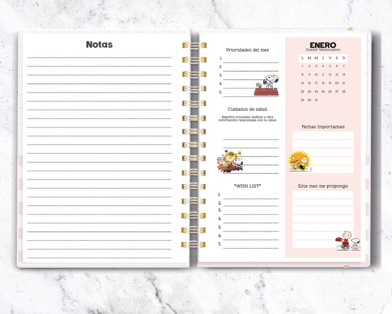 Agenda Imprimible Semanal Peanuts, Snoopy 2024 Media Carta - Etsy México