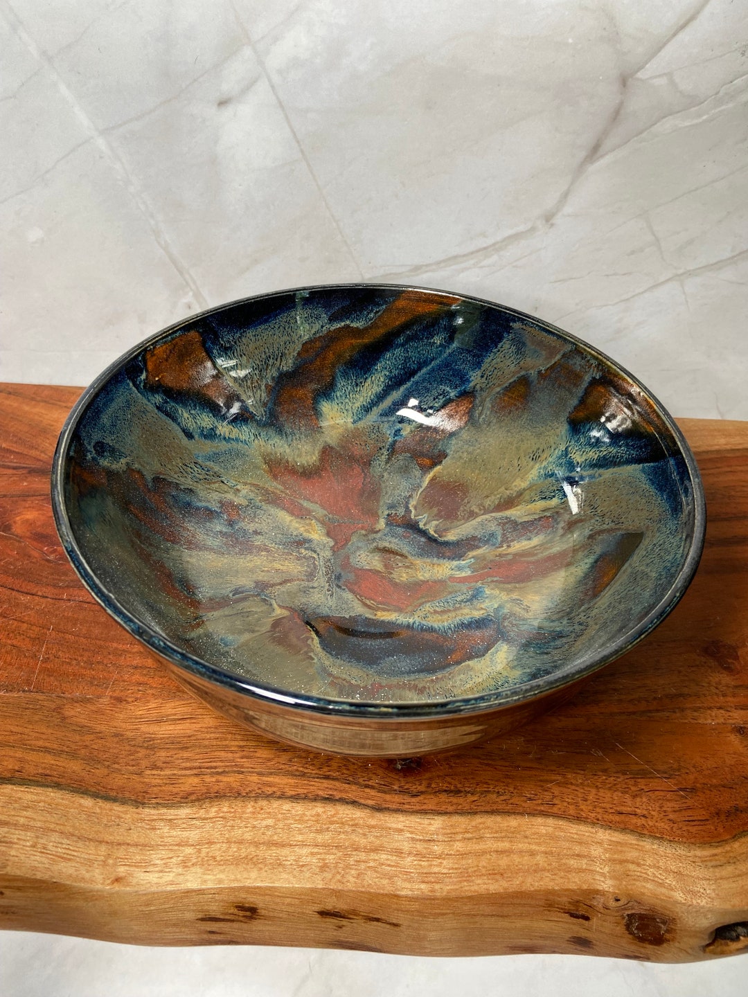 Handmade Ceramic Bowl: Navy Blue Gold Sparkling Bronze Copper Flow ...