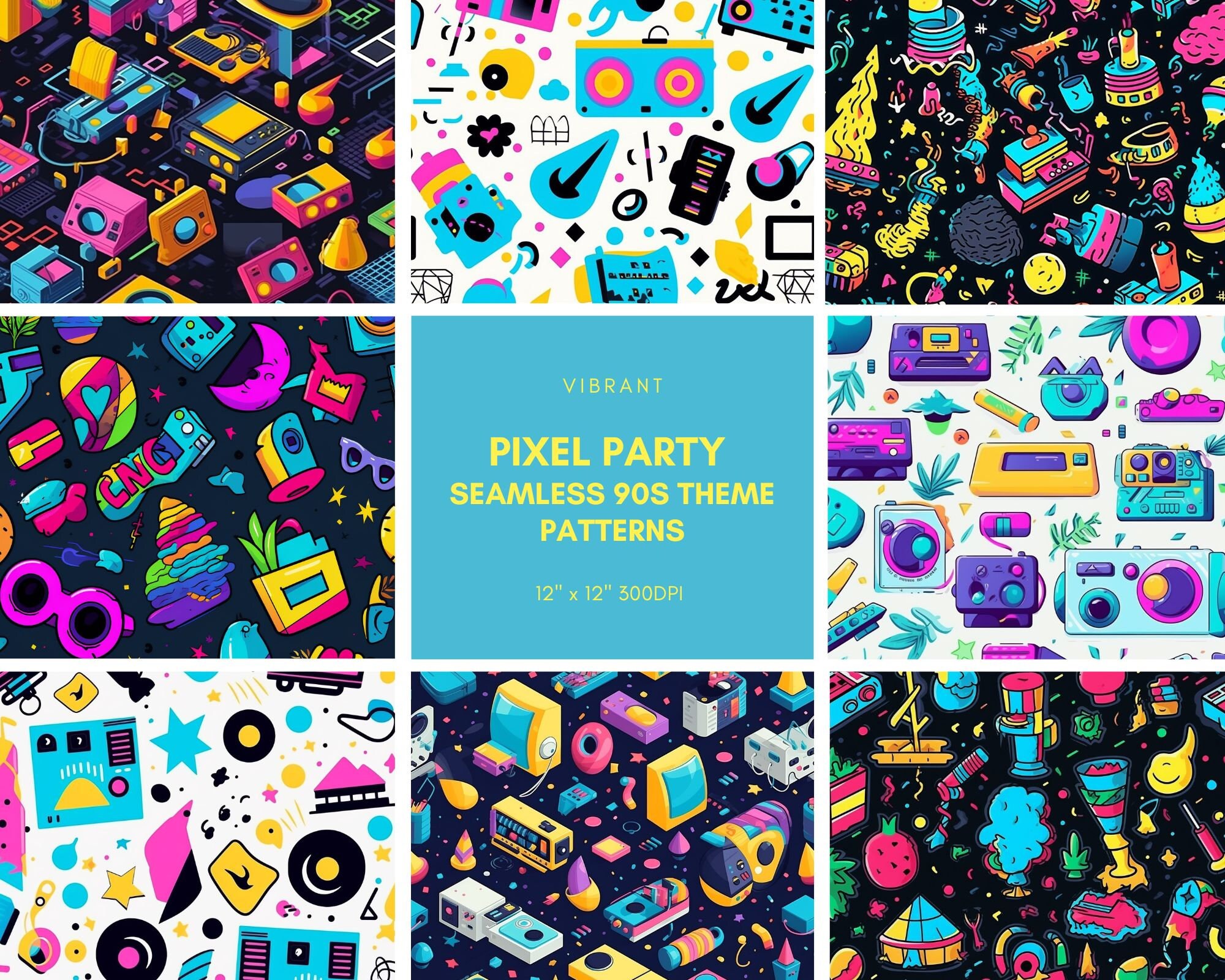 Pixel Party: Seamless 90s Patterns | Digital Seamless Designs | Neon ...