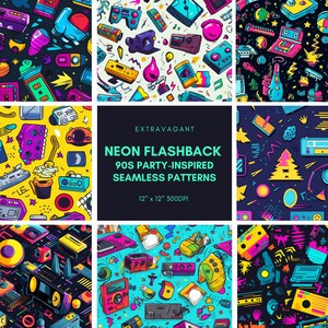 Neon Flashback: 90s Party-inspired Seamless Patterns | Digital Seamless ...