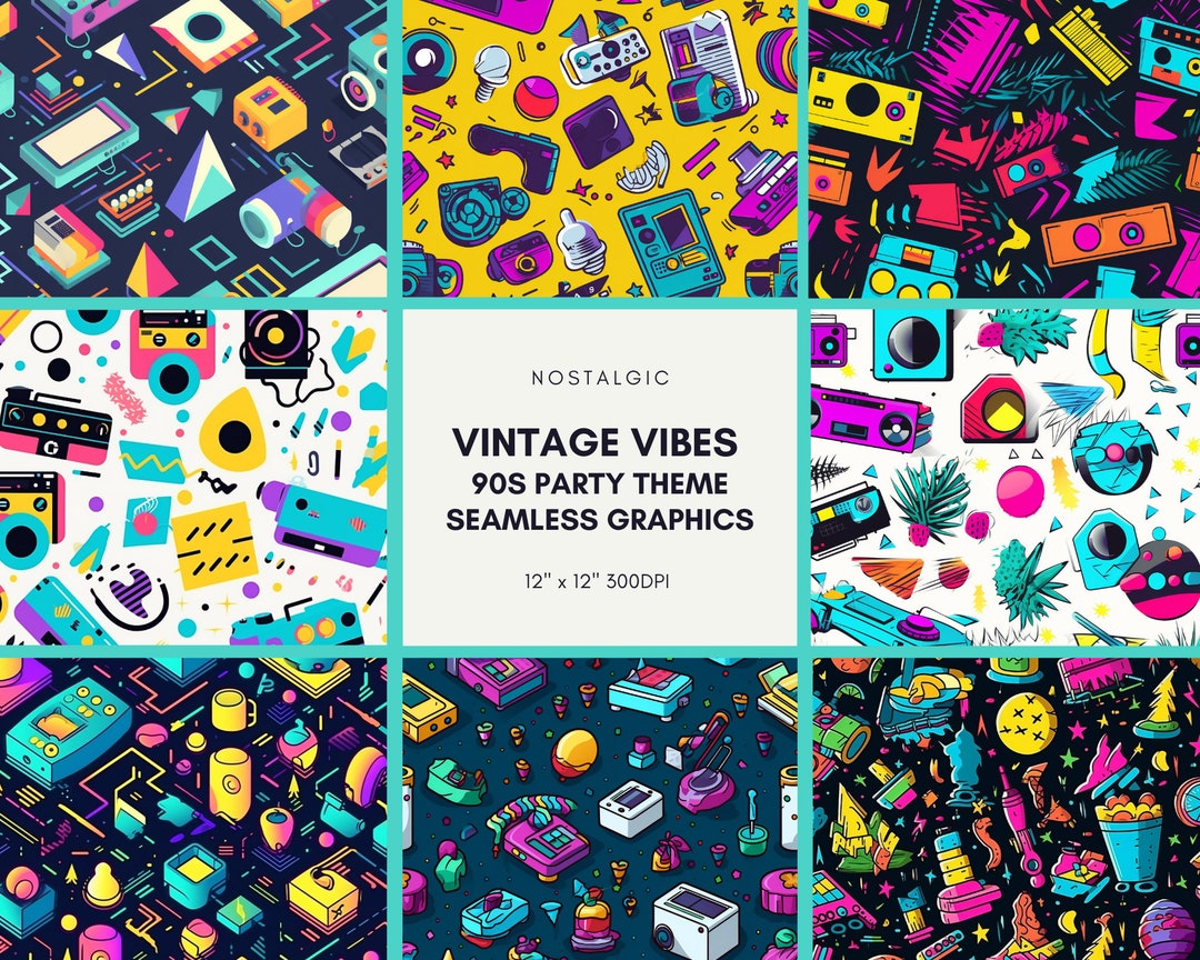 Vintage Vibes: 90s Party Theme Seamless Graphics | Digital Seamless ...