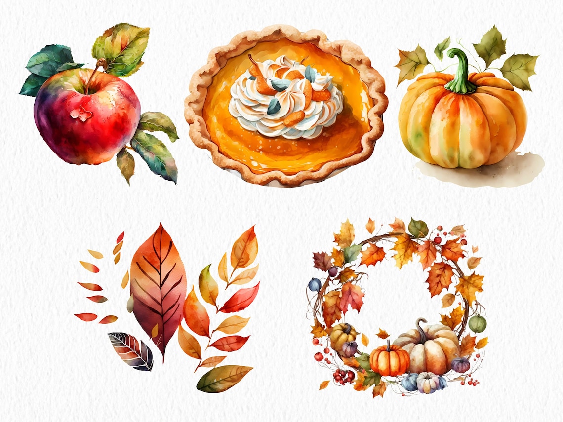 Thanksgiving Watercolor Clipart Fall Clipart Bundle Pumpkin - Etsy