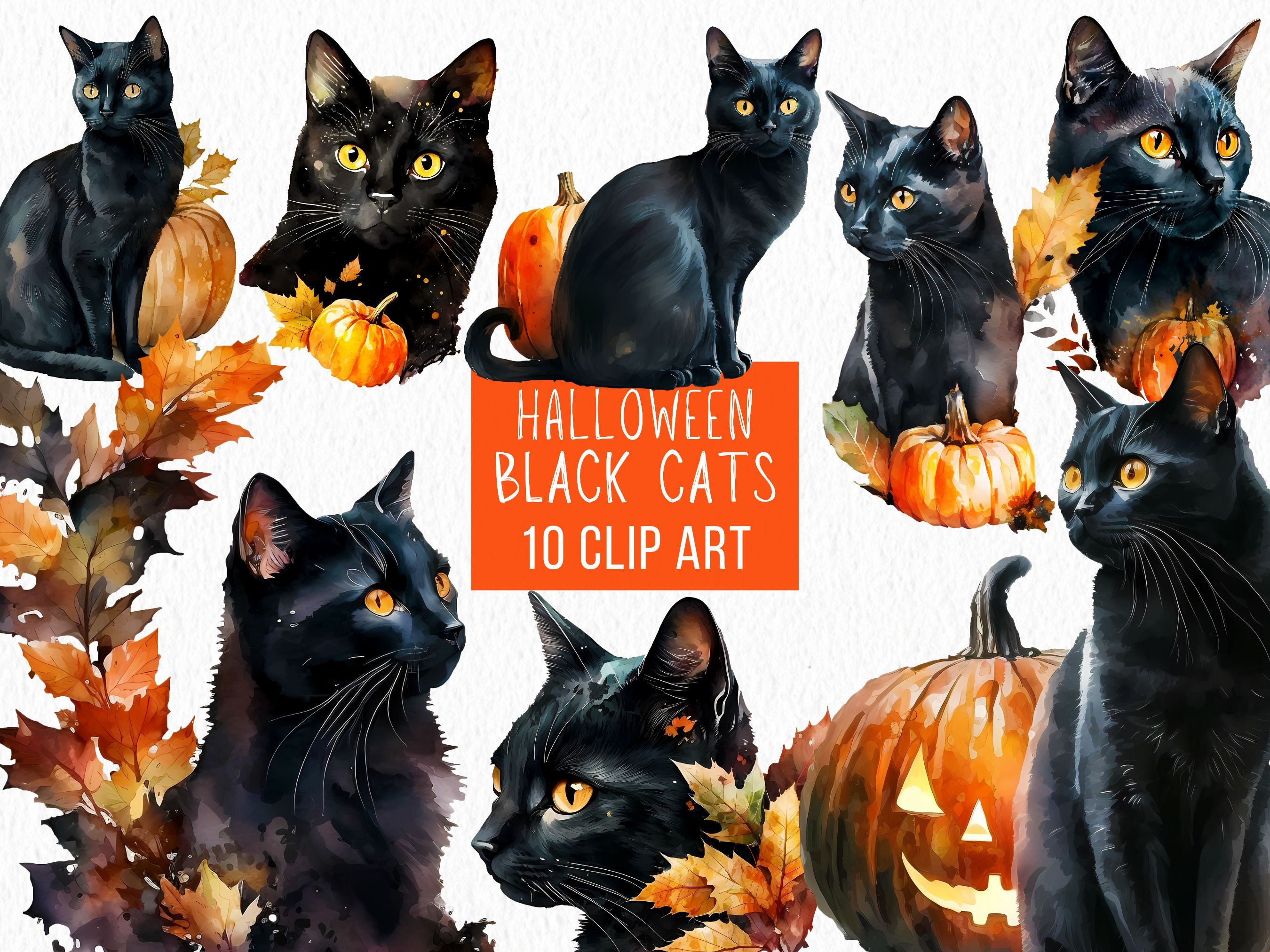 Halloween Black Cats Clipart Bundle, Watercolor Cats PNG Bundle, Curved ...