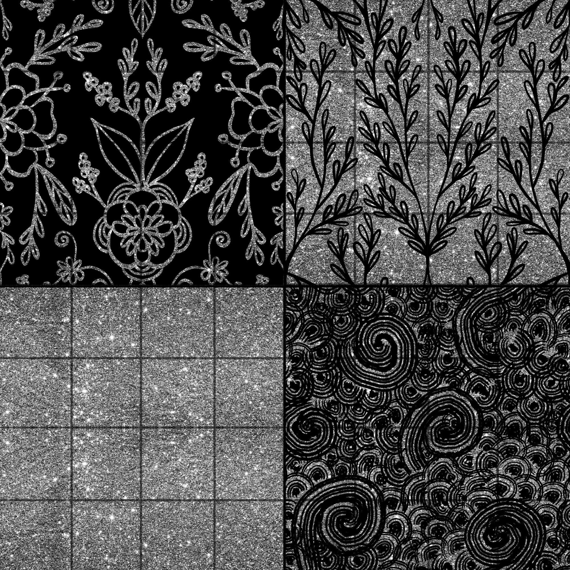 Hand Drawn Digital Paper Pack, Silver Glitter Floral Doodles Seamless ...