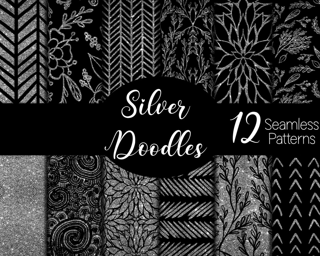 Hand Drawn Digital Paper Pack, Silver Glitter Floral Doodles Seamless ...