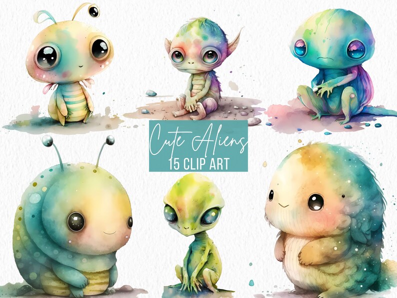 Watercolor Aliens Clipart Bundle, Outer Space Elements Clip Art, UFO ...