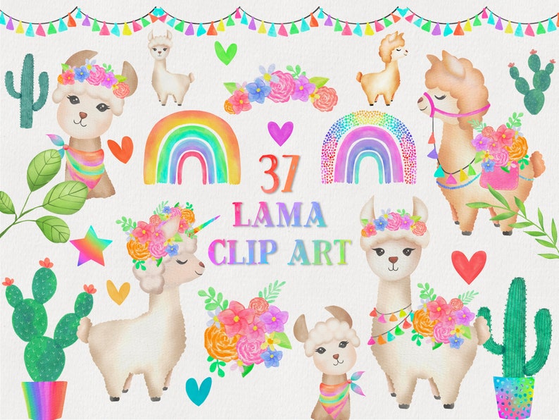 Rainbow Llama Clipart Bundle, Watercolor Llama Png, Alpacas Clip Art ...