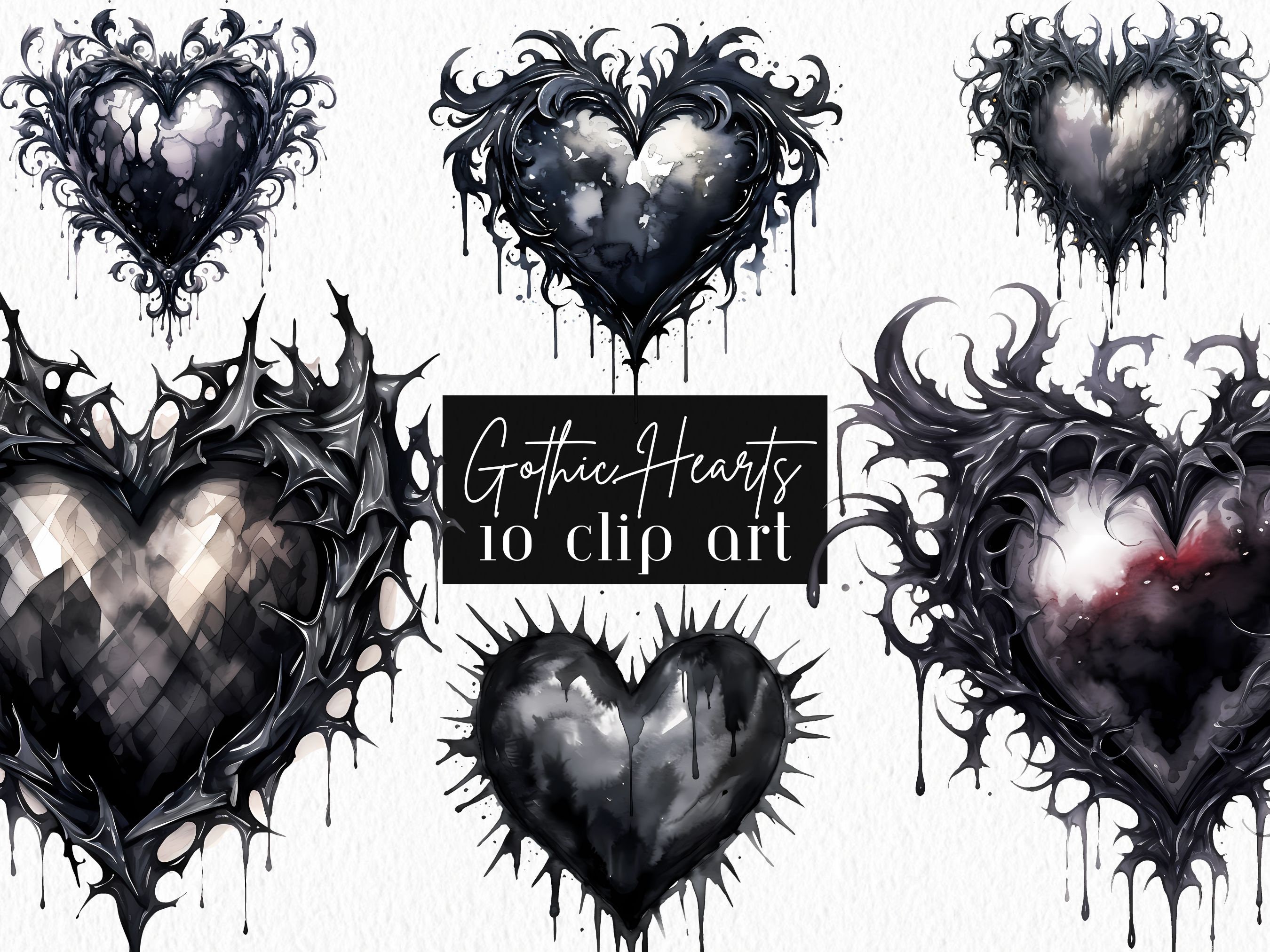 Gothic Heart Clipart, Watercolor Black Hearts Png Bundle, Dark Magic ...