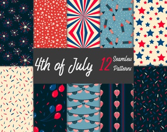 July 4th Patriotic Digital Paper Pack, Vintage American Red & White ...