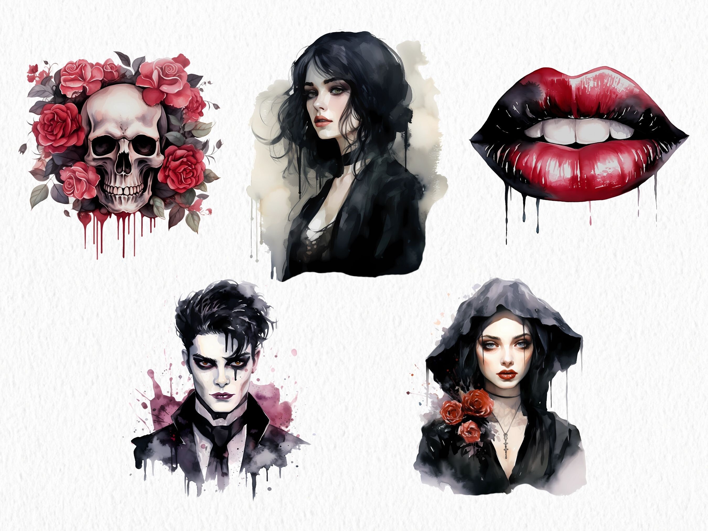 Gothic Clipart, Watercolor Black Goth Png Bundle, Dark Magic Clip Art ...