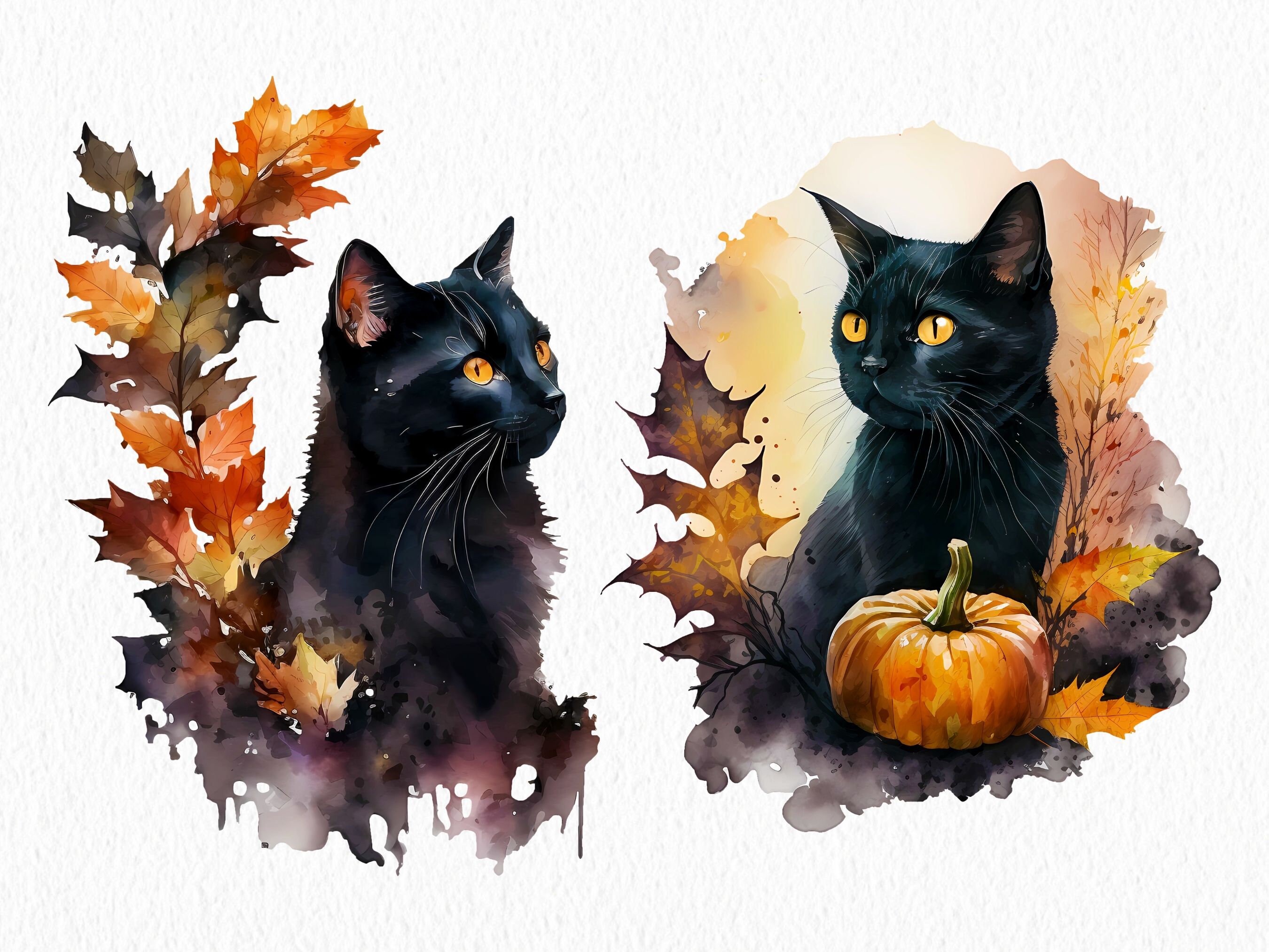 Halloween Black Cats Clipart Bundle, Watercolor Cats PNG Bundle, Curved ...