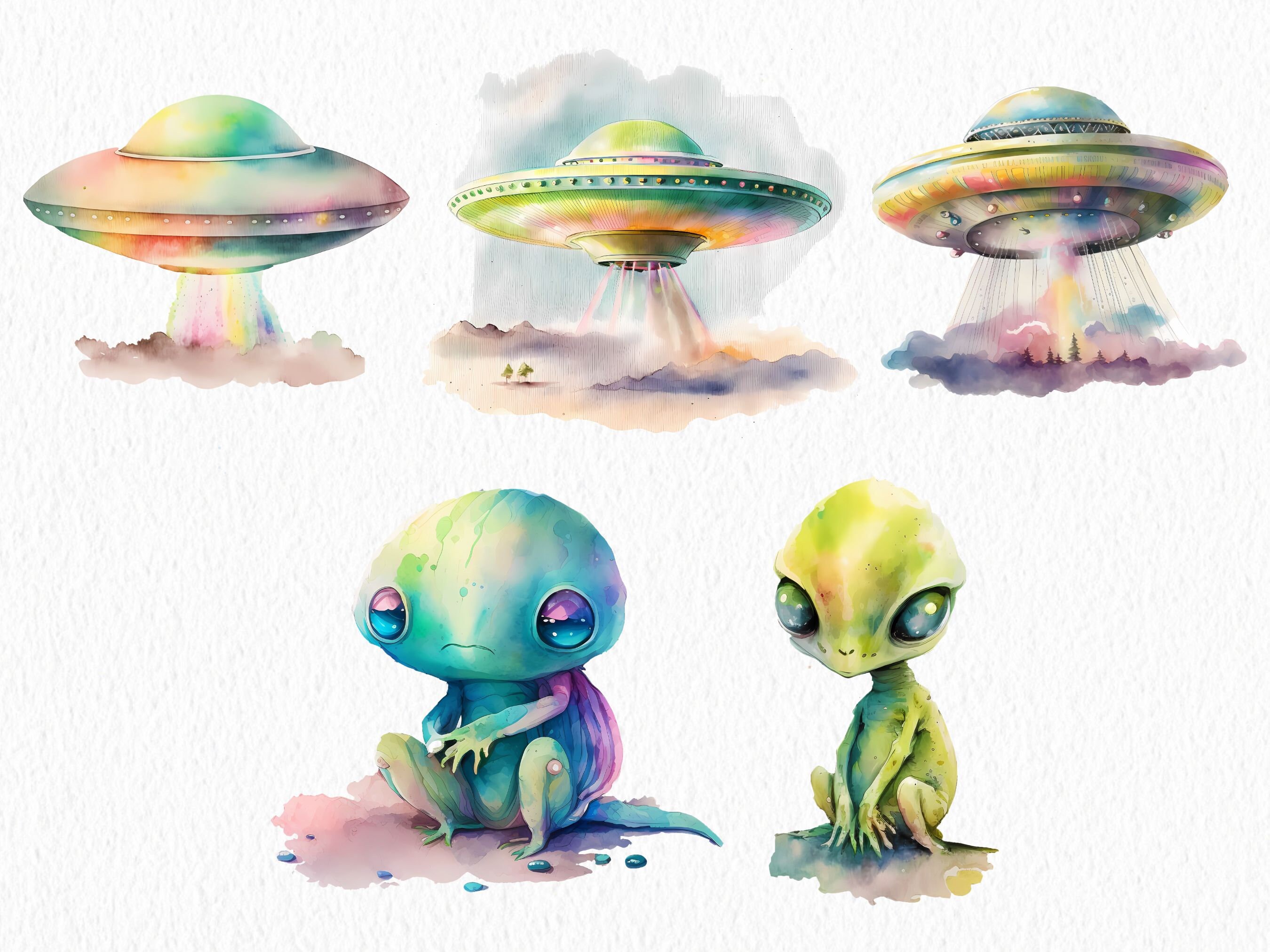 Watercolor Aliens Clipart Bundle, Outer Space Elements Clip Art, UFO ...