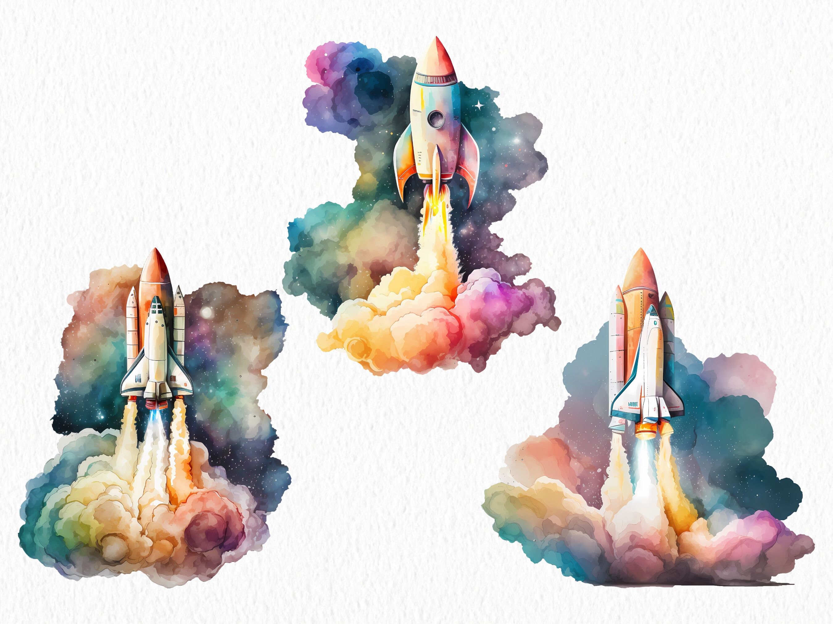 Watercolor Space Rockets Clipart Bundle Outer Space Elements - Etsy