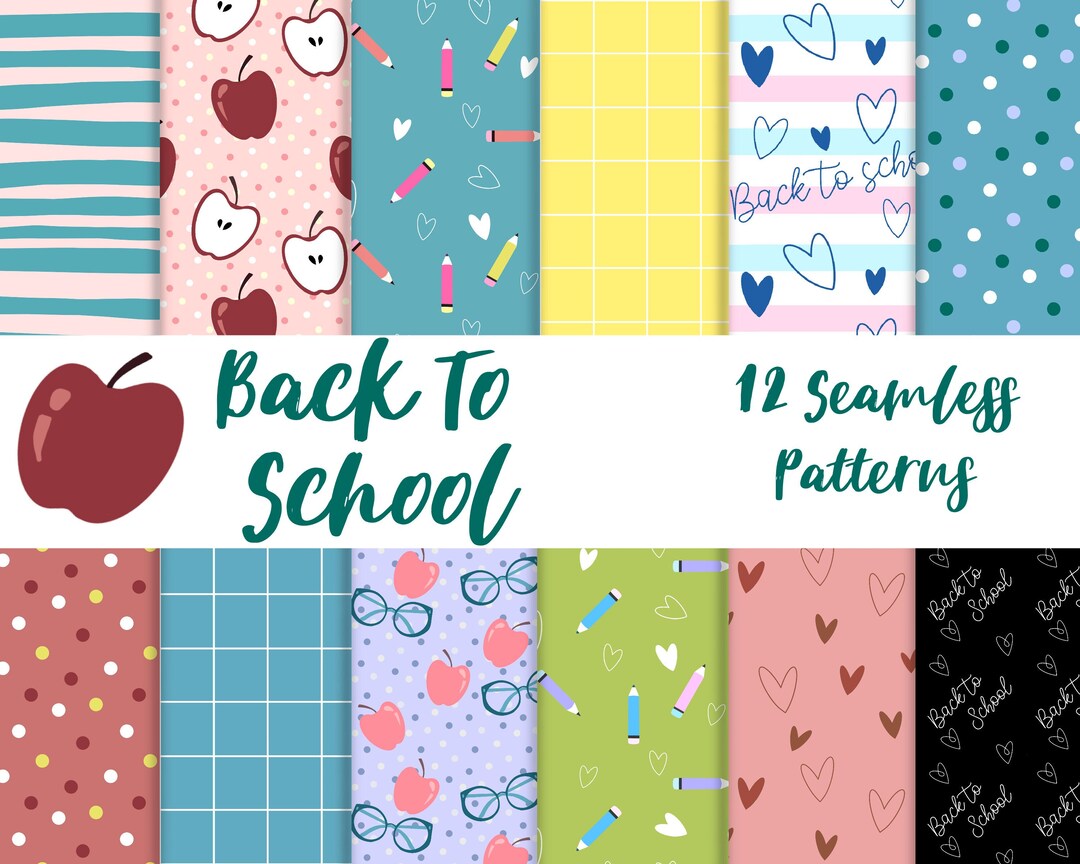 Back to School Supplies Digital Paper, Teacher Student Pattern, Apples ...
