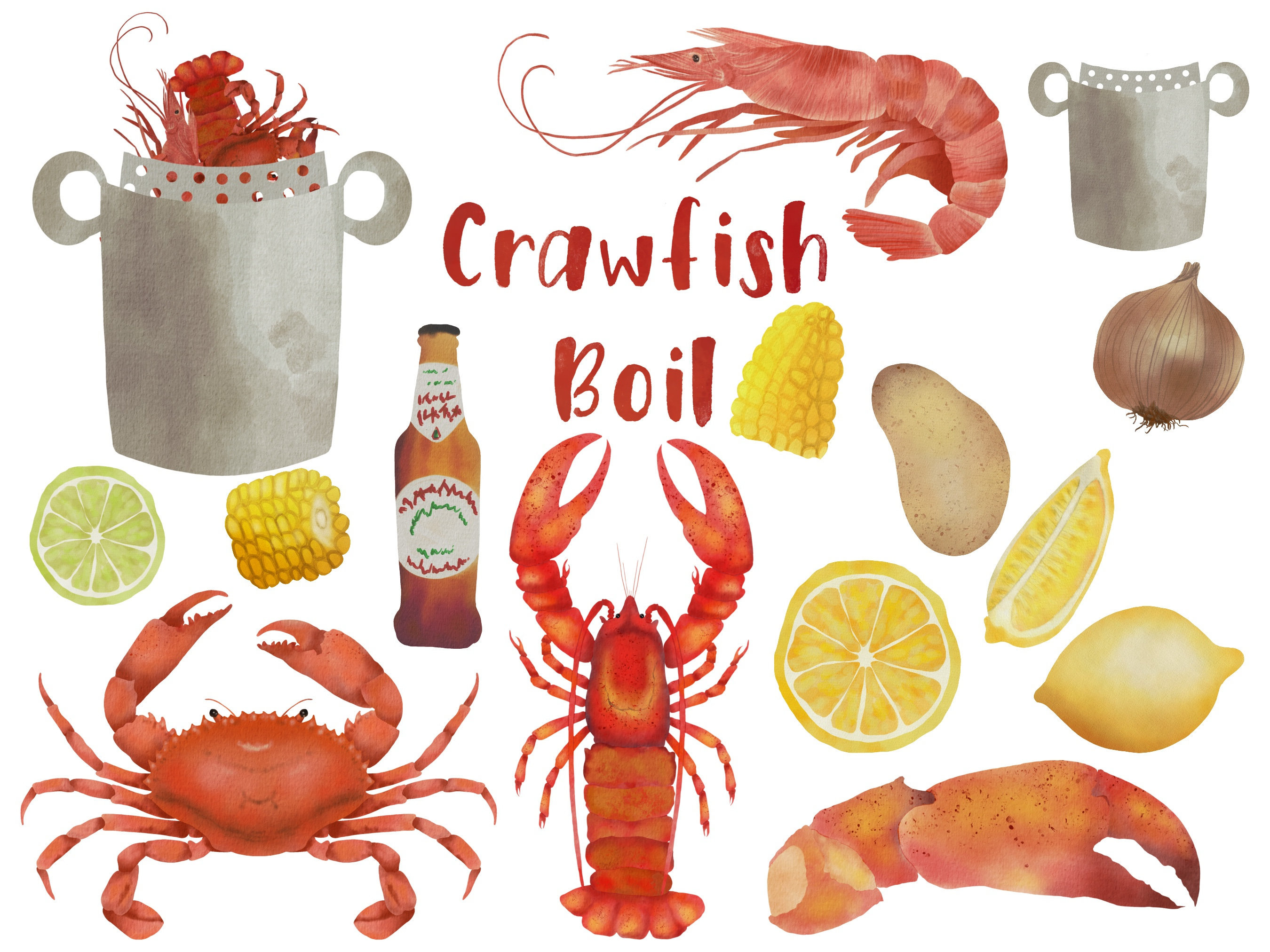 Crawfish Boil Watercolor Clip Art, Summer Seafood Graphics, Lobster ...