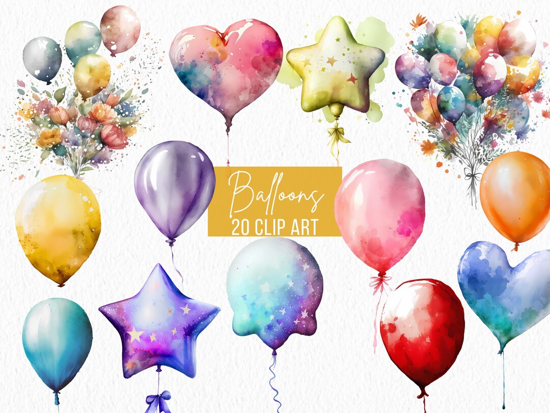 Watercolor Balloons Clipart Bundle, Birthday Party Elements Clip Art ...