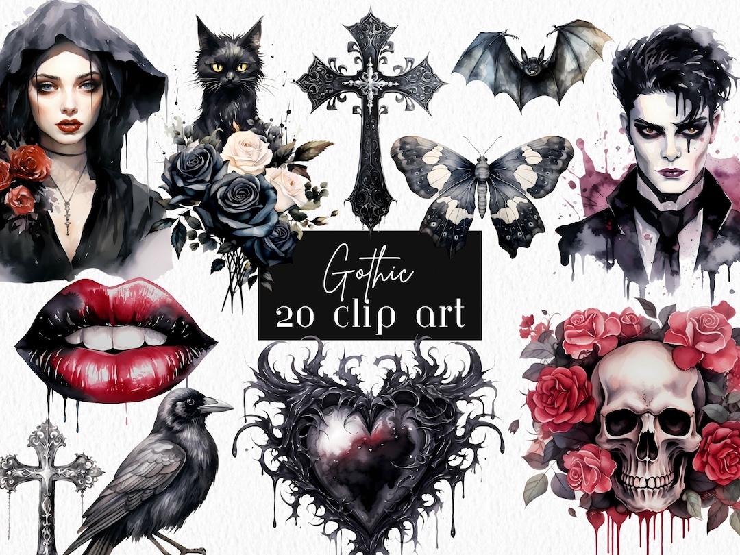 Gothic Clipart, Watercolor Black Goth Png Bundle, Dark Magic Clip Art ...