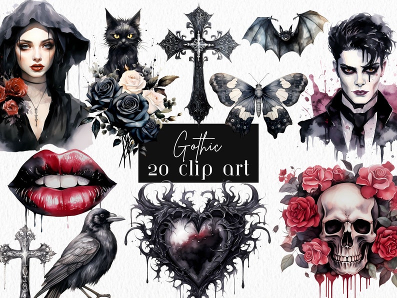 Gothic Clipart, Watercolor Black Goth Png Bundle, Dark Magic Clip Art ...