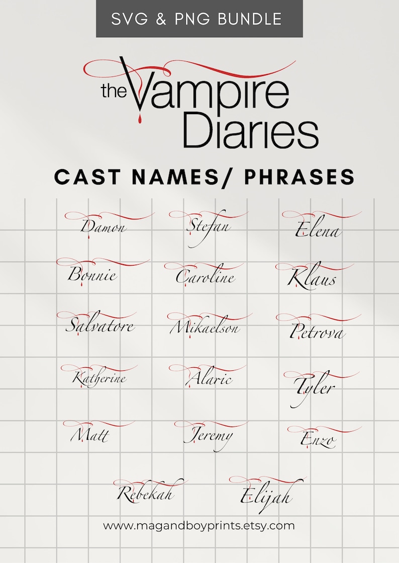 Vampire Diaries Bundle 30 Cast Names and Phrases Vampire Diaries PNG ...