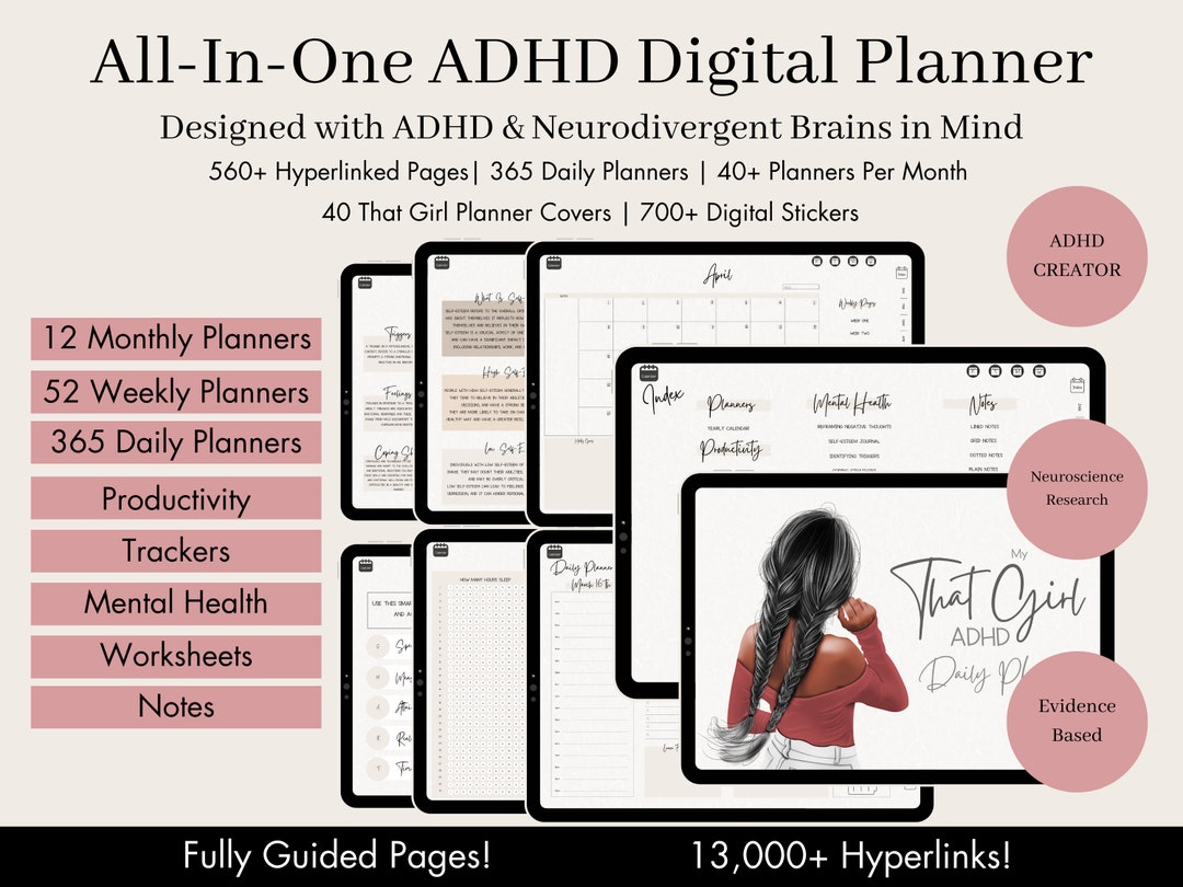 Undated ADHD Digital Planner, 365 Daily Planner, ADHD Specific, ADHD ...