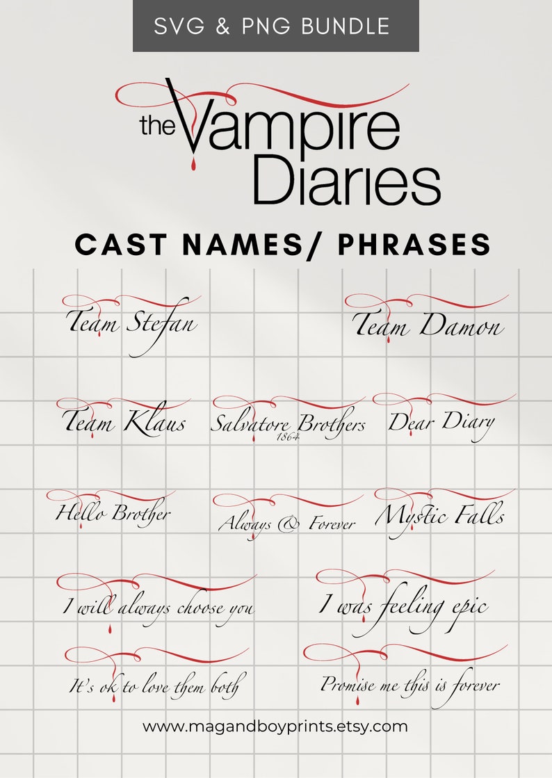 Vampire Diaries Bundle 30 Cast Names and Phrases Vampire Diaries PNG ...
