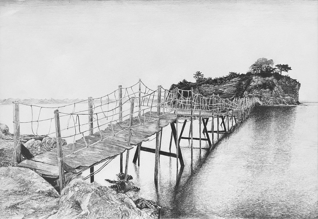 Graphite Landscape, Seascape, Pencil Drawing, Bridge, Ocean, Cameo ...