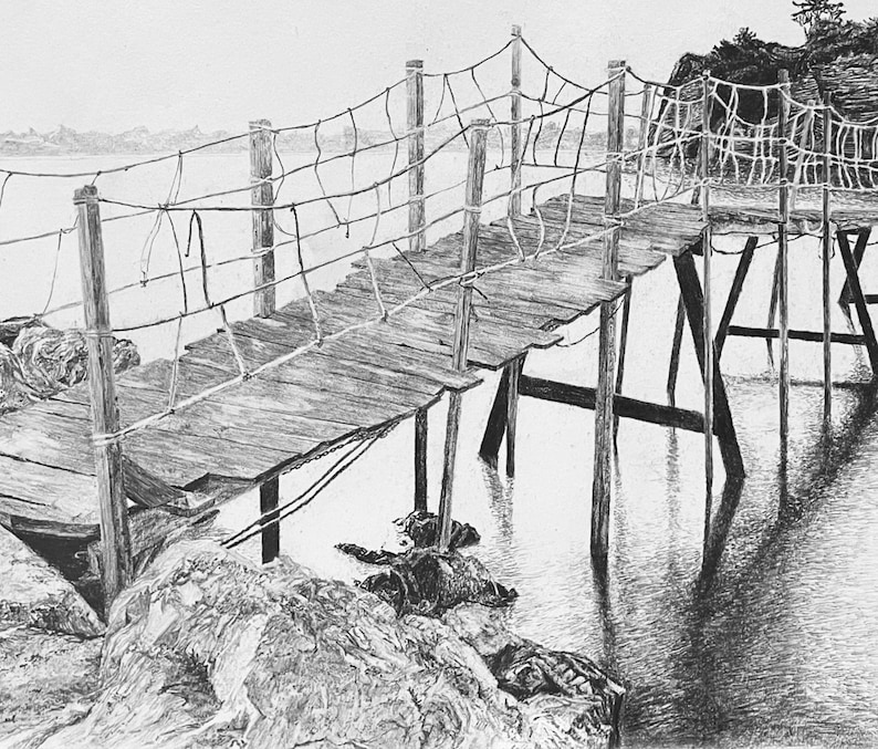 Graphite Landscape, Seascape, Pencil Drawing, Bridge, Ocean, Cameo ...