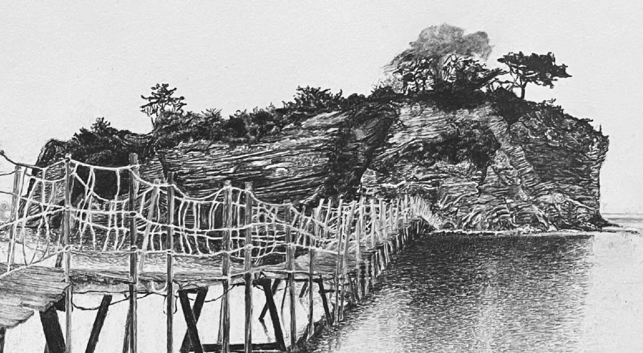 Graphite Landscape, Seascape, Pencil Drawing, Bridge, Ocean, Cameo ...