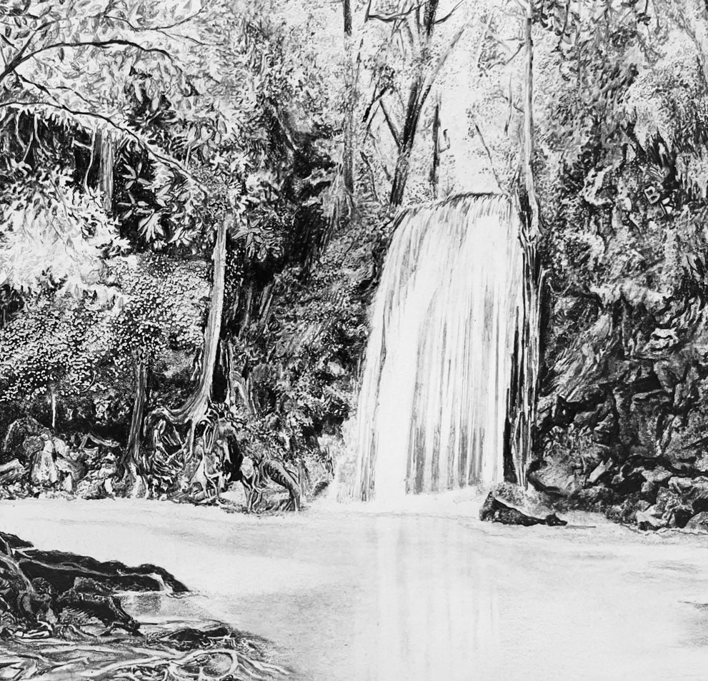 Graphite Landscape, Secluded Pond, Trees, Forest, Leaves, Waterfall ...