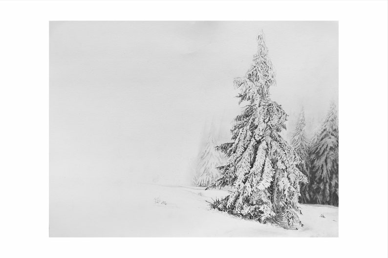 Graphite Landscape, Snowfall on Trees, Winter, Pencil Drawing, Wall ...