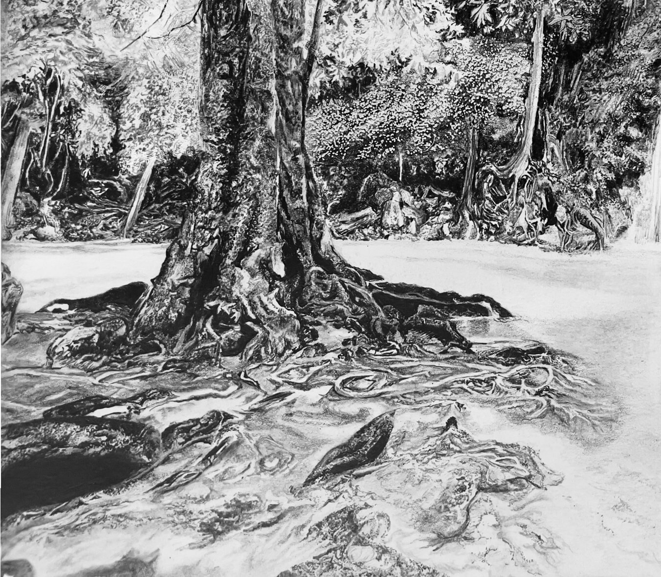 Graphite Landscape, Secluded Pond, Trees, Forest, Leaves, Waterfall ...