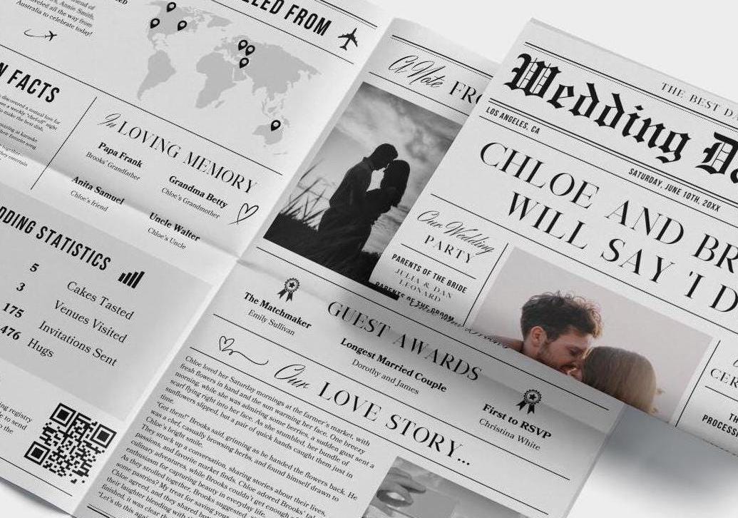Newspaper Wedding Program, Editable Template, Wedding Timeline, Canva ...