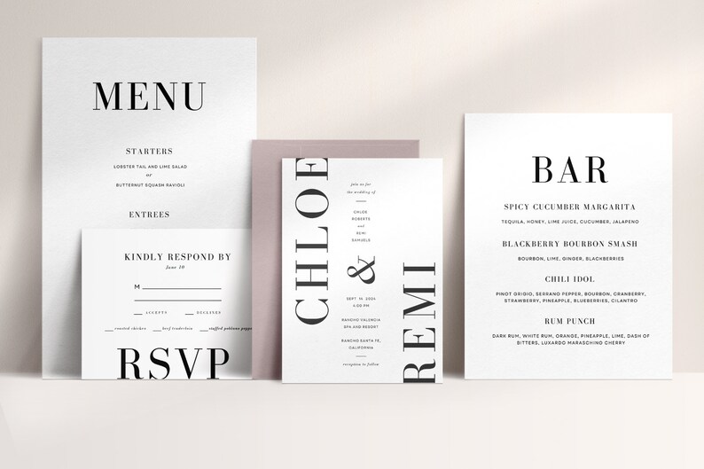 Chloe Invitation Set Menu and Bar Sign Template Download - Etsy