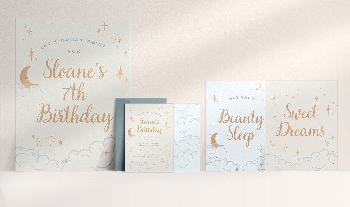 Moon and Stars Kids Birthday Party Invite and Sign Set Template ...