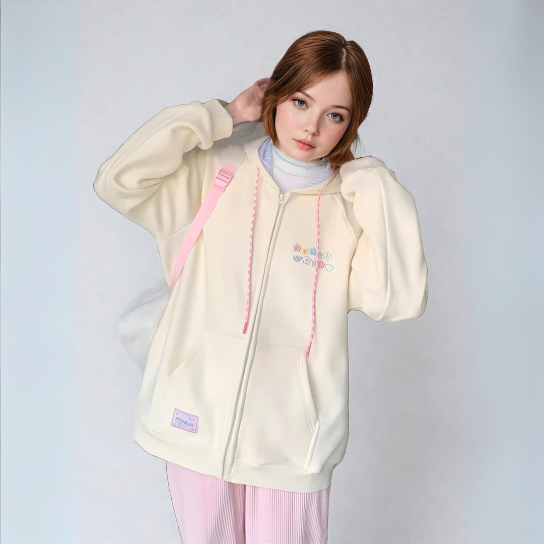 Beige Pastel Kawaii Hoodie, Adorable Zip up Kawaii Girly Hoodie ...