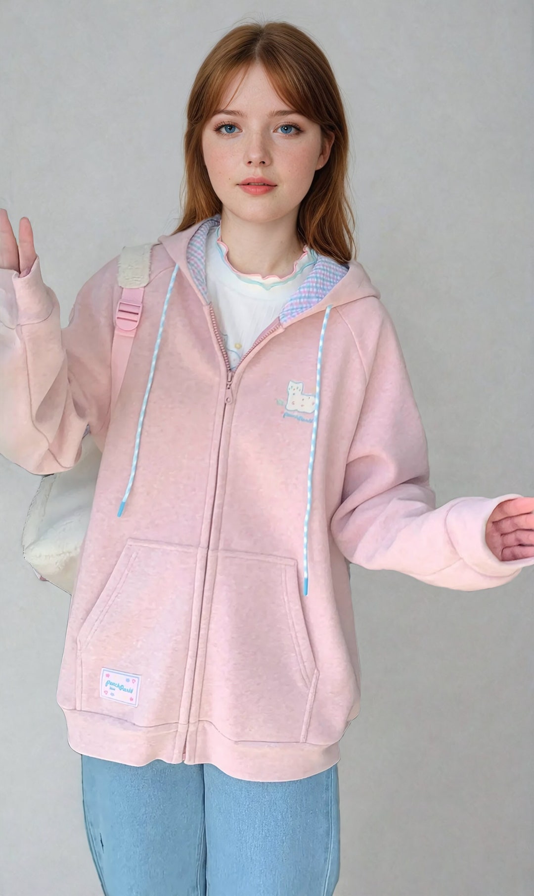 Pastel Pink Kawaii Cat Hoodie, Cute Girly Hoodie, Embroidered Patch ...