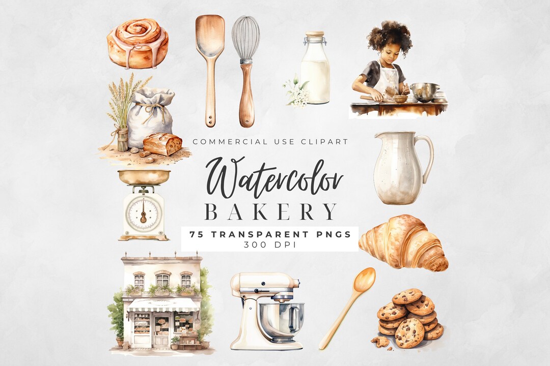 Watercolor Baking Clipart, Home Bakery Logo, Cooking, Culinary Clip Art ...