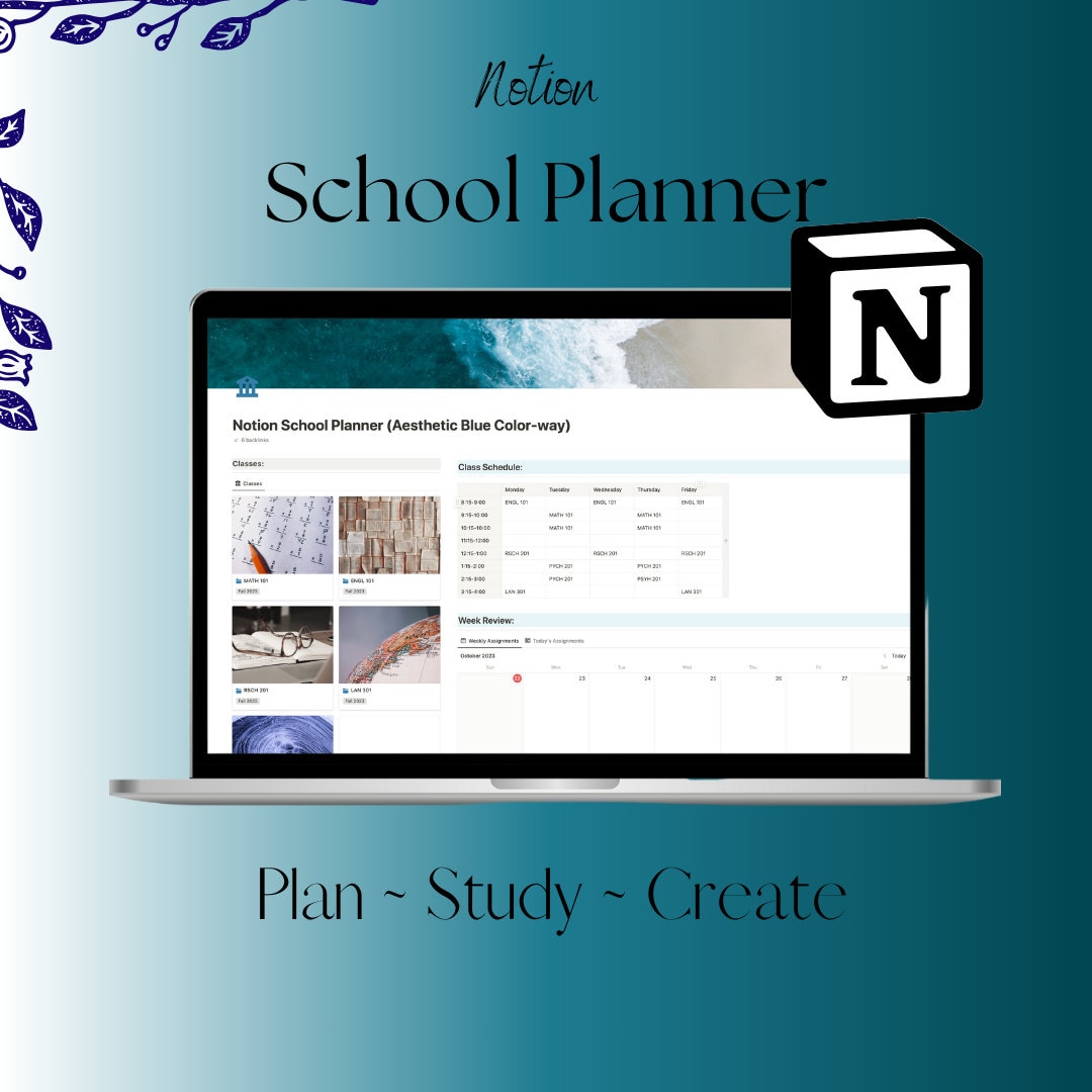 Notion School Planner Aesthetic Blue School Planner Academic Planner ...