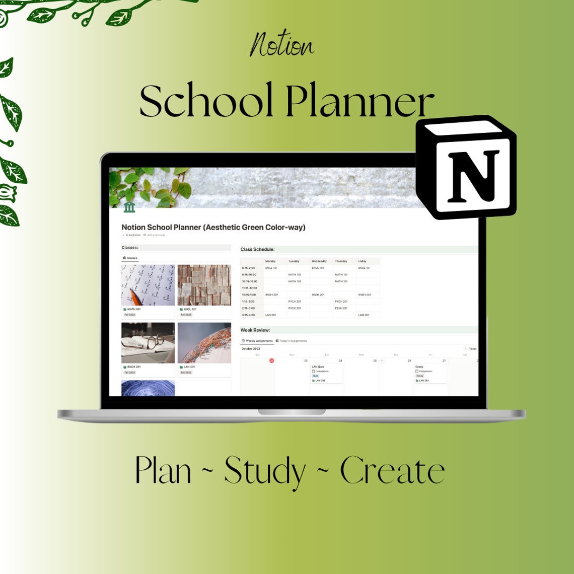 Notion Planner School Notion Template Aesthetic Green School Planner ...
