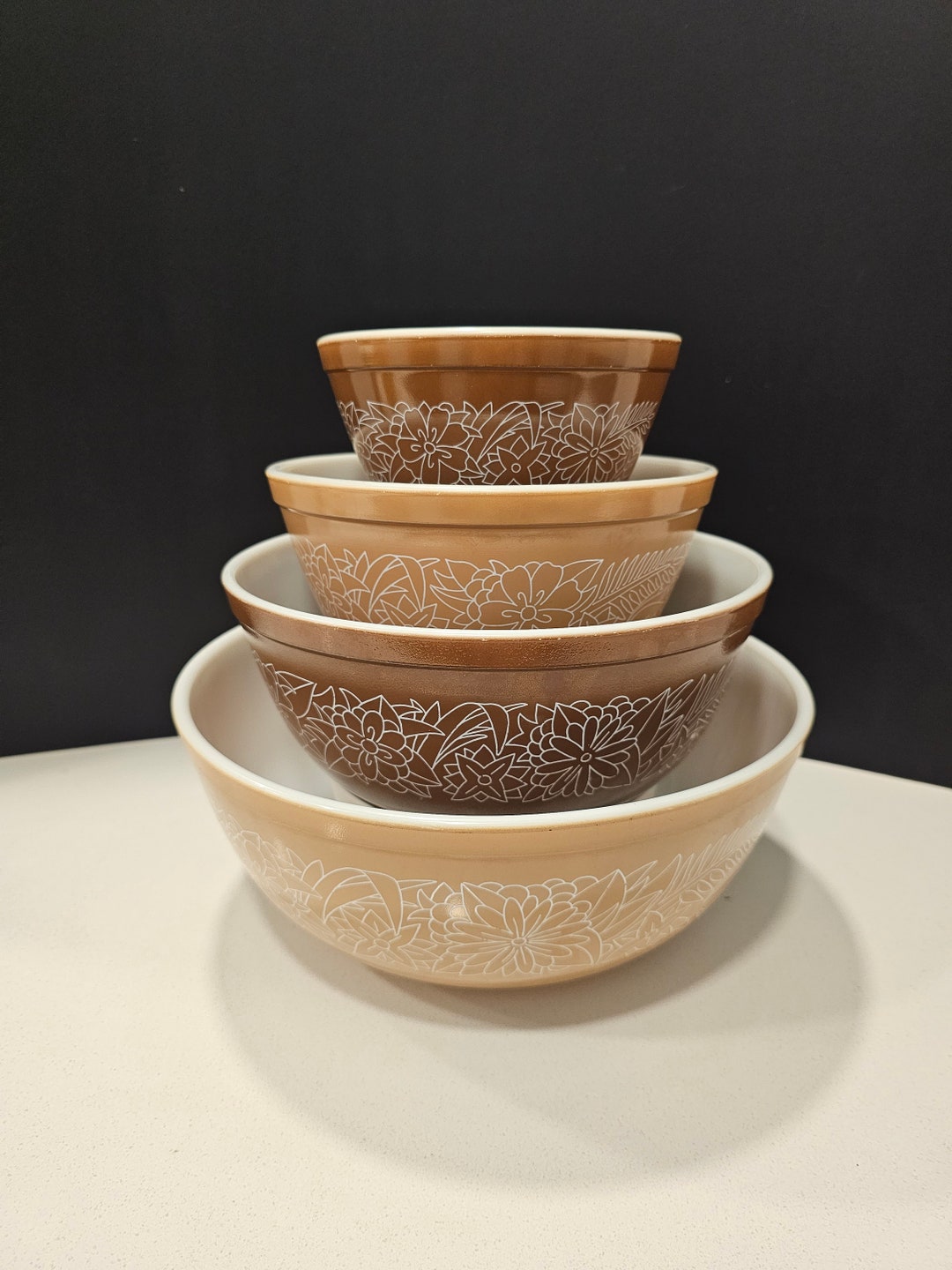 PYREX - Full Set (4) of Woodland Farmhouse Brown Nesting Mixing Bowls ...