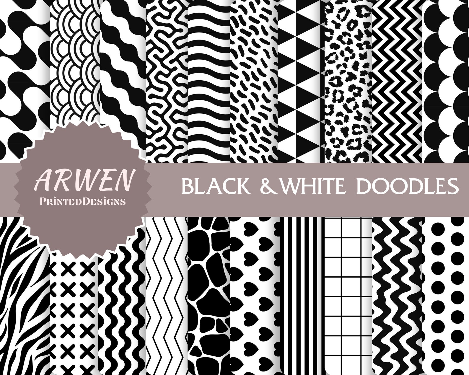 Black and White Doodle Digital Paper Pack. Patterns Scrapbooking Pages ...