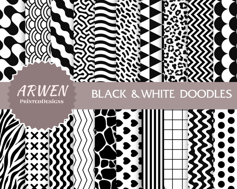 Black and White Doodle Digital Paper Pack. Patterns Scrapbooking Pages ...